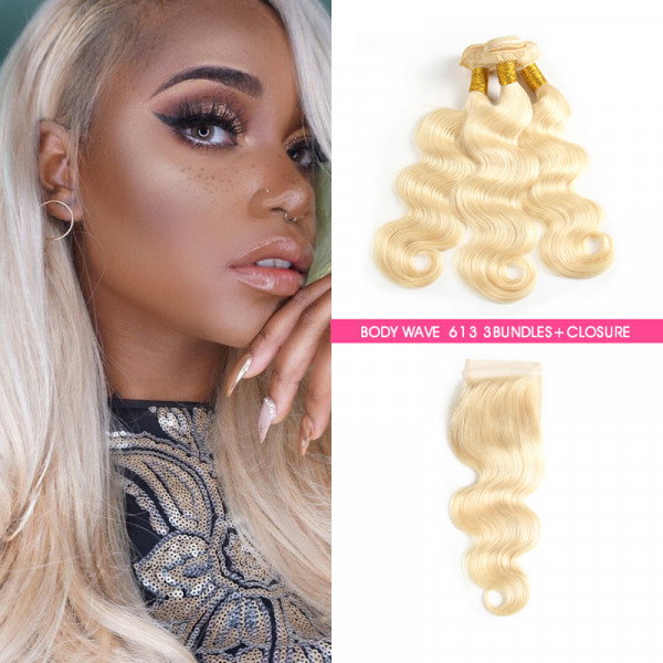 613 Color Body Wave Weave With Lace Closure Honey Blonde Closures